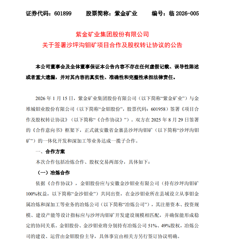紫金矿业与金钼股份签署合作协议及股权转让协议 - 财闻网